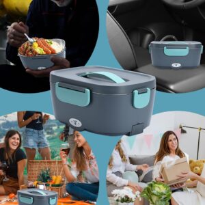 CHARMDOO Electric Lunch Box, 80W Portable Lunch Warmer Food Heater for Adults Car/Truck/Office 12/24/110V, Fast Heating Lunchbox with Leak Proof Lid SS Container, Grayish Blue