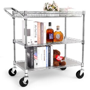 ynn metal utility rolling cart, 990lbs capacity 3 tier heavy duty nsf rolling chrome trolley cart with wheels & wire shelving & handle bar-storage carts on wheels for kitchen, office, outdoor,serving