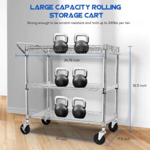 YNN Metal Utility Rolling Cart, 990lbs Capacity 3 Tier Heavy Duty NSF Rolling Chrome Trolley Cart with Wheels & Wire Shelving & Handle Bar-Storage Carts on Wheels for Kitchen, Office, Outdoor,Serving