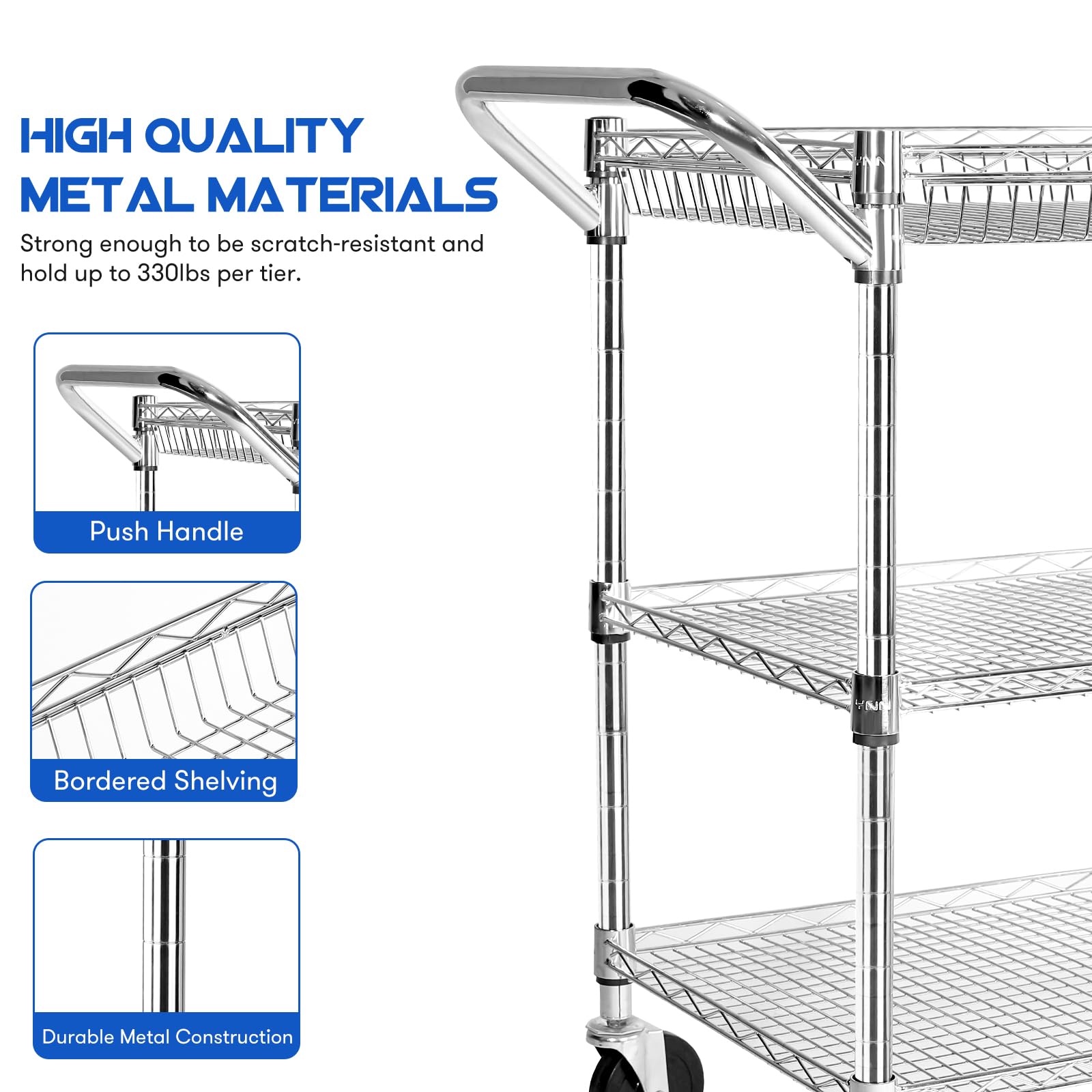 YNN Metal Utility Rolling Cart, 990lbs Capacity 3 Tier Heavy Duty NSF Rolling Chrome Trolley Cart with Wheels & Wire Shelving & Handle Bar-Storage Carts on Wheels for Kitchen, Office, Outdoor,Serving