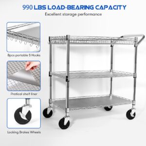 YNN Metal Utility Rolling Cart, 990lbs Capacity 3 Tier Heavy Duty NSF Rolling Chrome Trolley Cart with Wheels & Wire Shelving & Handle Bar-Storage Carts on Wheels for Kitchen, Office, Outdoor,Serving