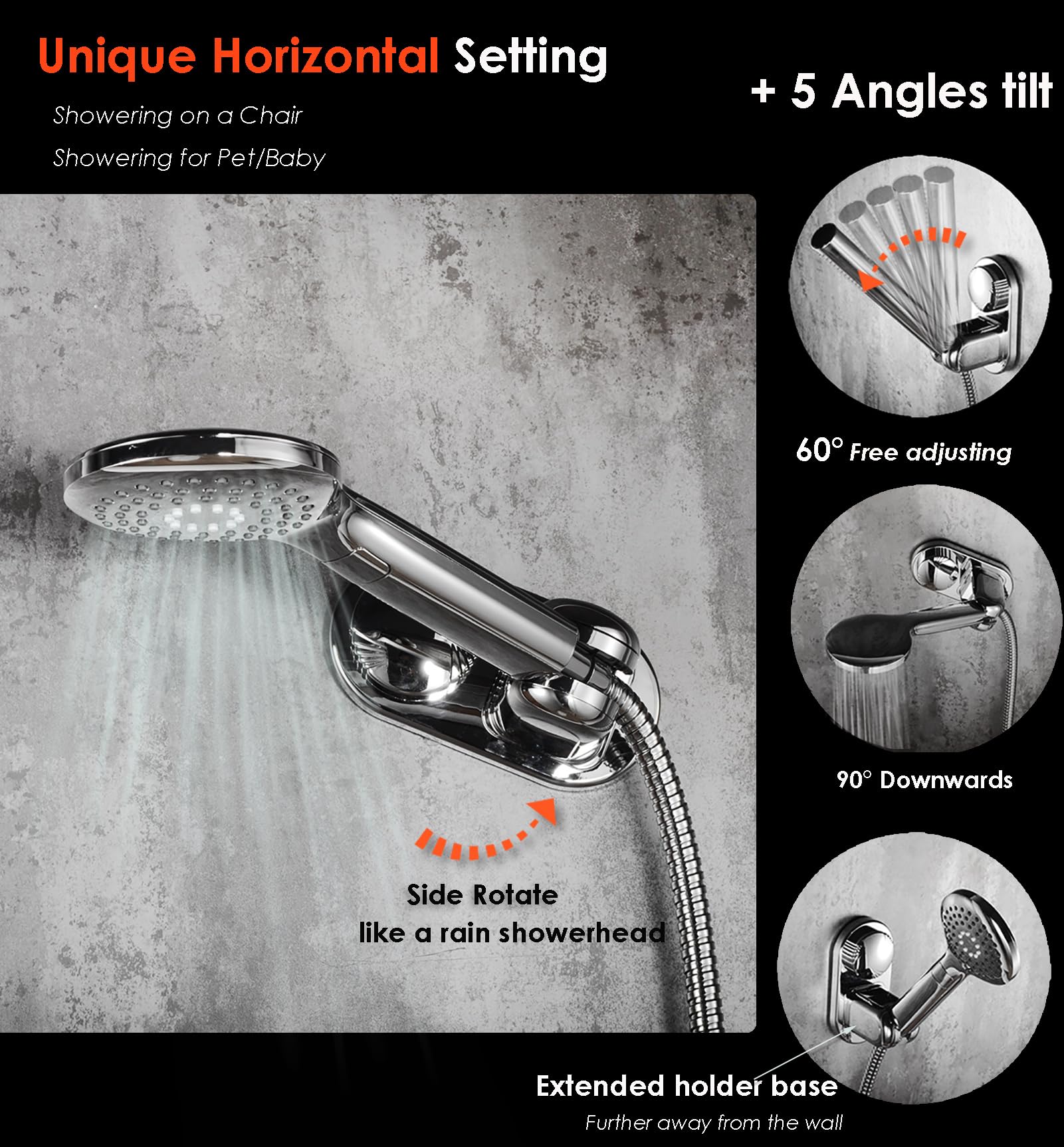 Suction cup Handheld Shower Head Holder - 5 Angles Adjustable - Unique Horizontal Setting - Large Shower Head Supports, Relocatable - Wall mounted with Vacuum Power (Chrome)