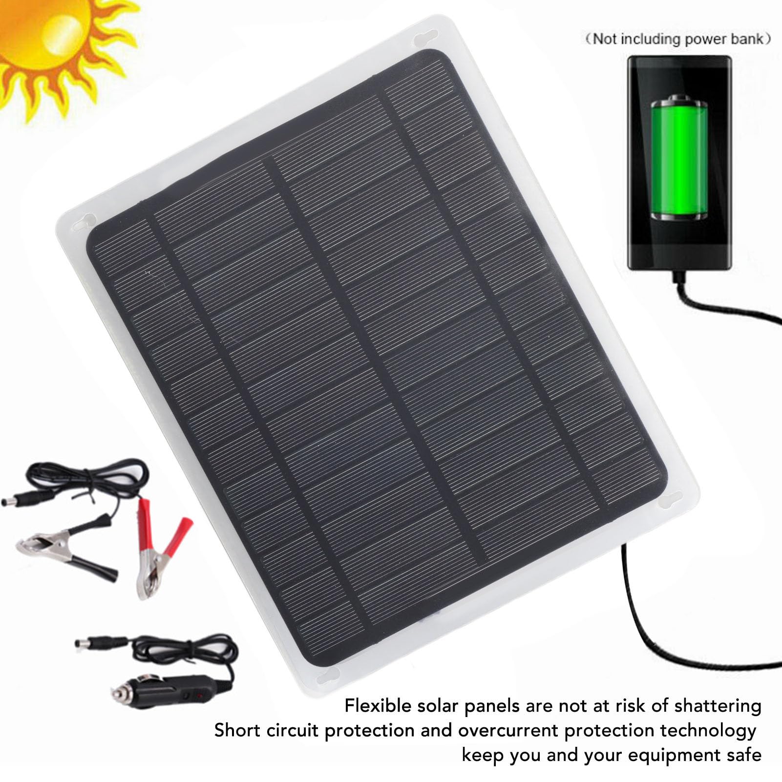 Solar Panel Kit, 20W 12V Solar Panel Car Battery Charger, Portable Solar Panel with Battery Clip and Suction Cups, Safe Use for Car RV Marine Boat, Camping, Home