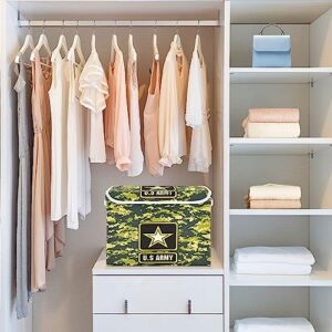 Ollabaky Dark Green Army Camo Larger Collapsible Storage Bin Fabric Decorative Storage Box Cube Organizer Container Baskets with Lid Handles for Closet Organization, Shelves