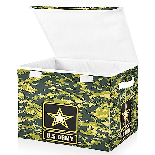 Ollabaky Dark Green Army Camo Larger Collapsible Storage Bin Fabric Decorative Storage Box Cube Organizer Container Baskets with Lid Handles for Closet Organization, Shelves