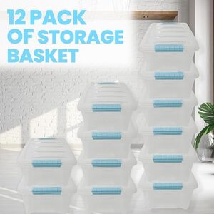 Doloni Storage Bin - 20 Liters - Plastic Storage Container Bin with Secure Lid and Latching Buckles, 12 PACK - Clear, Durable Stackable Nestable Organizing Tote Tub Box Toy General Organization Small