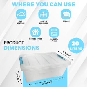 Doloni Storage Bin - 20 Liters - Plastic Storage Container Bin with Secure Lid and Latching Buckles, 12 PACK - Clear, Durable Stackable Nestable Organizing Tote Tub Box Toy General Organization Small