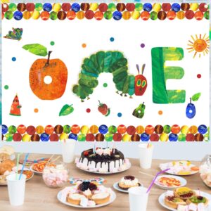 the cute hungry caterpillar birthday banner backdrop, one year old cartoon hungry caterpillar birthday party sign supplies, apple sun leaf fruits ​birthday poster background photo props decoration