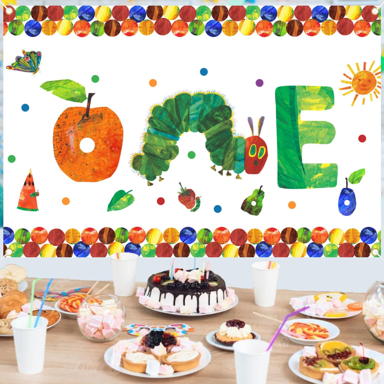 The Cute Hungry Caterpillar Birthday Banner Backdrop, one Year Old Cartoon Hungry Caterpillar Birthday Party Sign Supplies, Apple Sun Leaf Fruits ​Birthday Poster Background Photo Props Decoration