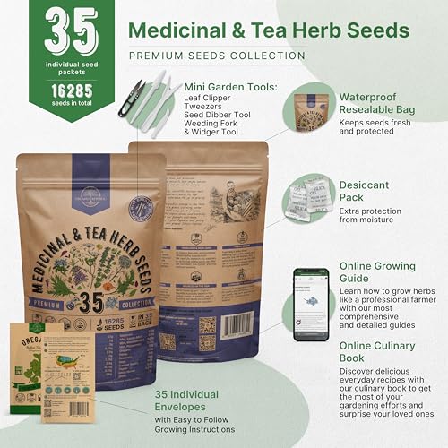 35 Medicinal & Tea Herb Seeds Variety Pack for Indoor & Outdoors. 16,300+ Non-GMO Heirloom Garden Seeds: Anise, Bergamot, Borage, Cilantro, Chamomile, Dandelion, Rosemary Seeds & More