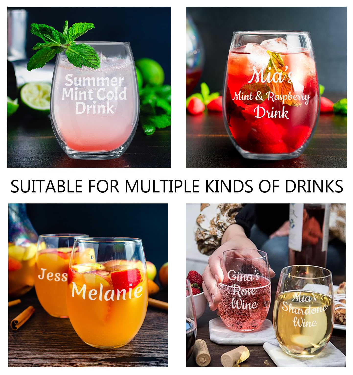 Set of 1, 2, 3, 4 Personalized 15oz Stemless Wine Glass - Engraved with Your Custom Text, Customized Wedding Party Glass Gifts (1)