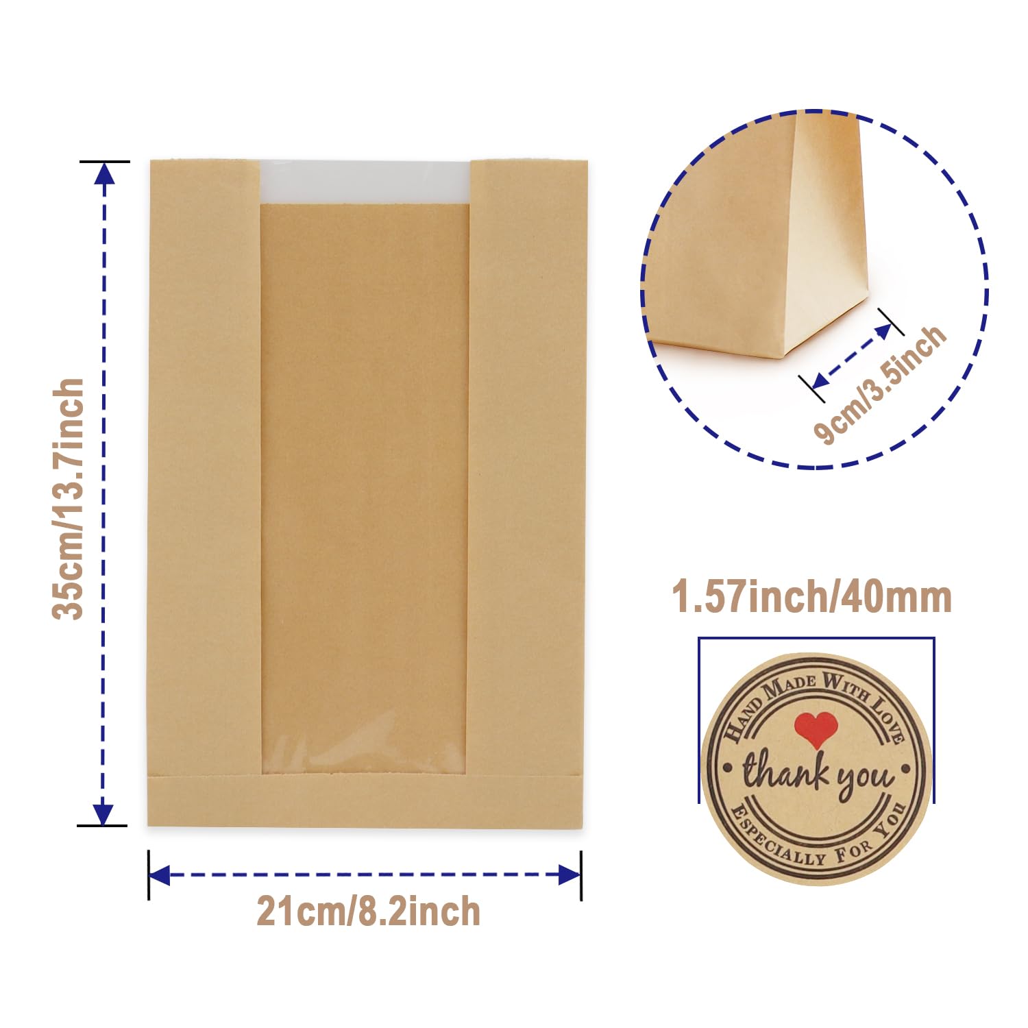 Pack of 35 Paper Bread Bags for Homemade Bread, Paper Bakery Bag for Baked Food Packaging Storage, Large Kraft Paper Bread Loaf Bag with Window Label Seal Sticker included Pack of 35,12.5x8.3x4 Inches