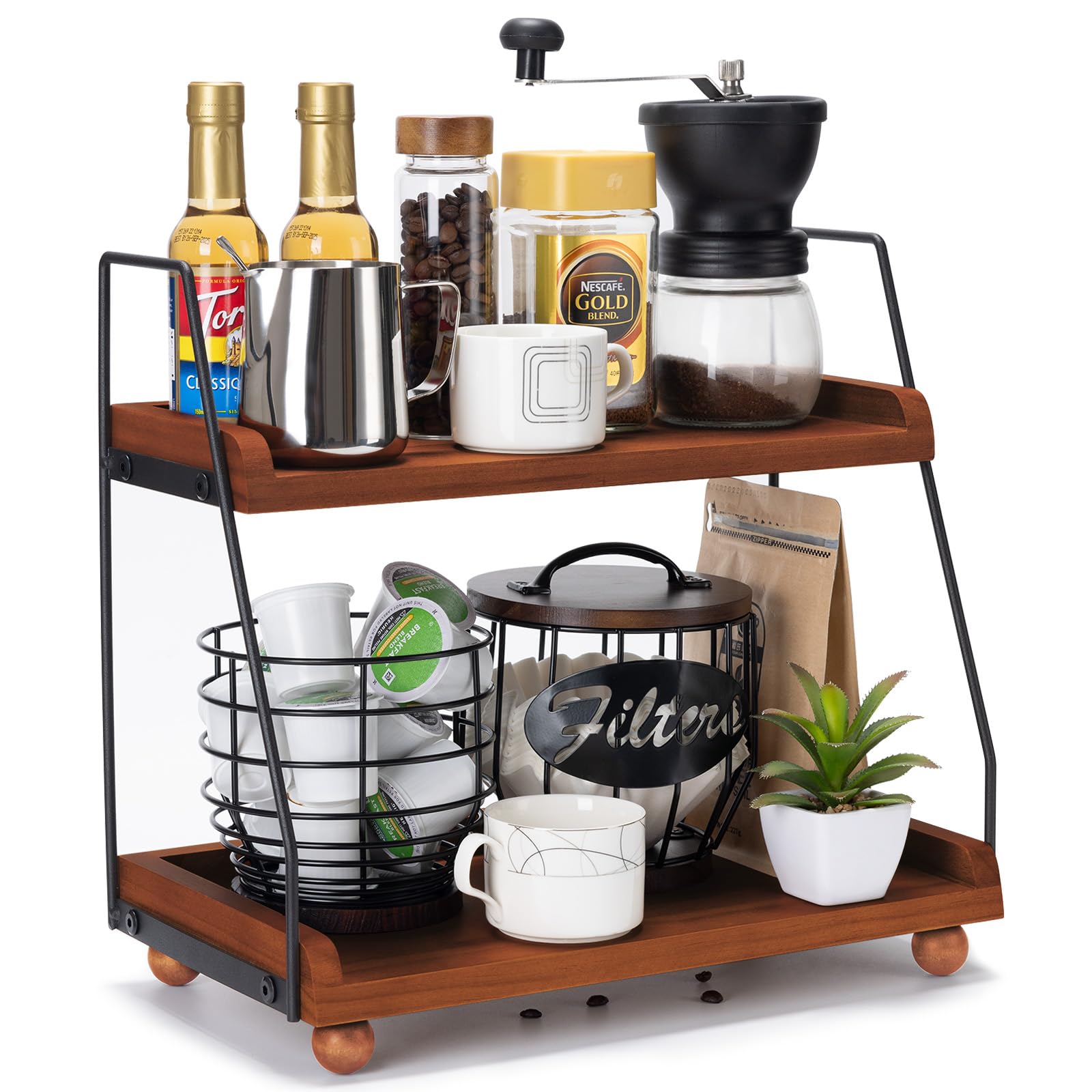 Youngcafe 2 Tier Coffee Bar Accessories and Organizer Shelf,Wooden Coffee Station Organizer for Countertop Coffee Bar Decor,Coffee Syrup Canisters Cups Rack for Bathroom,Kitchen