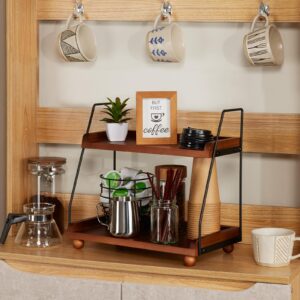 Youngcafe 2 Tier Coffee Bar Accessories and Organizer Shelf,Wooden Coffee Station Organizer for Countertop Coffee Bar Decor,Coffee Syrup Canisters Cups Rack for Bathroom,Kitchen