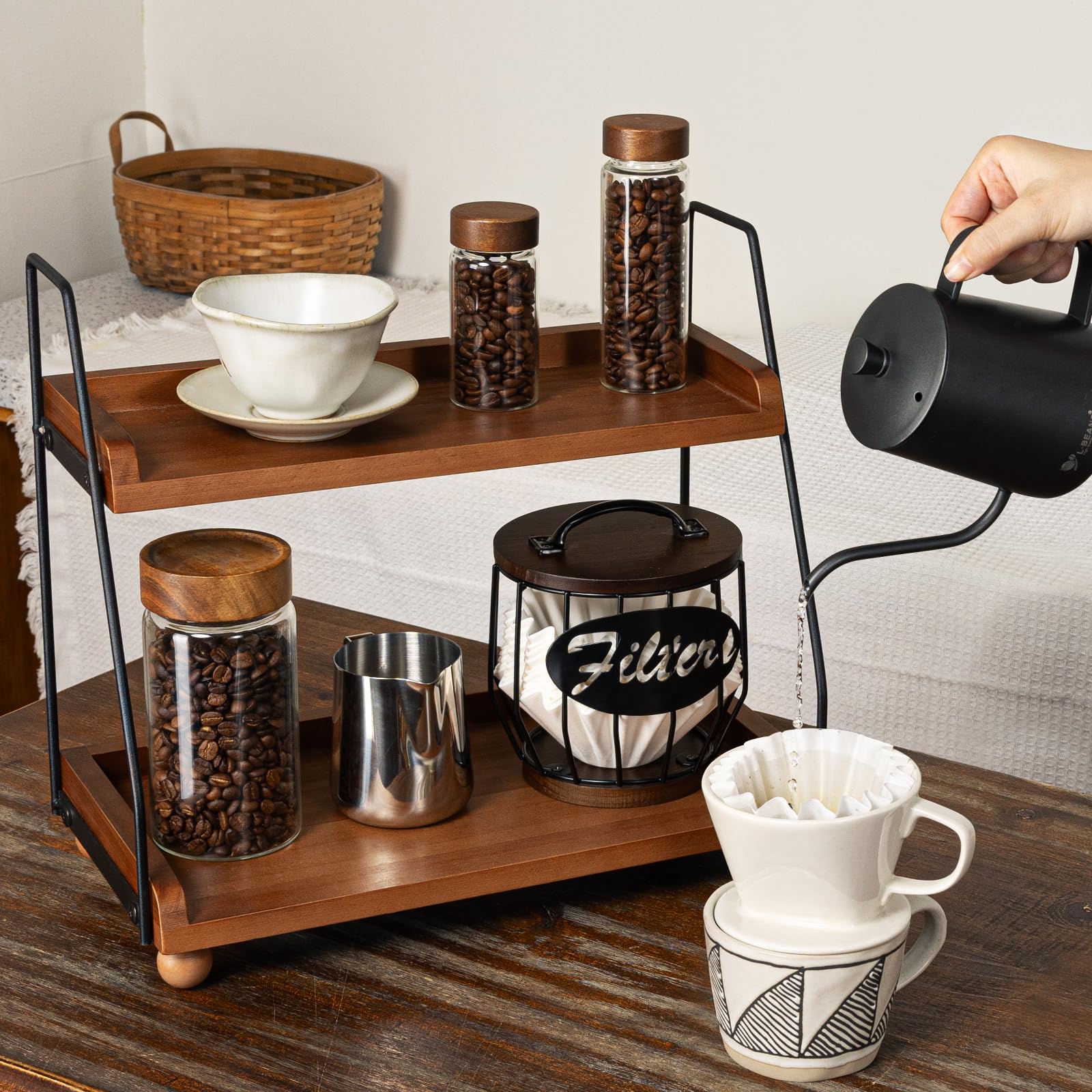 Youngcafe 2 Tier Coffee Bar Accessories and Organizer Shelf,Wooden Coffee Station Organizer for Countertop Coffee Bar Decor,Coffee Syrup Canisters Cups Rack for Bathroom,Kitchen