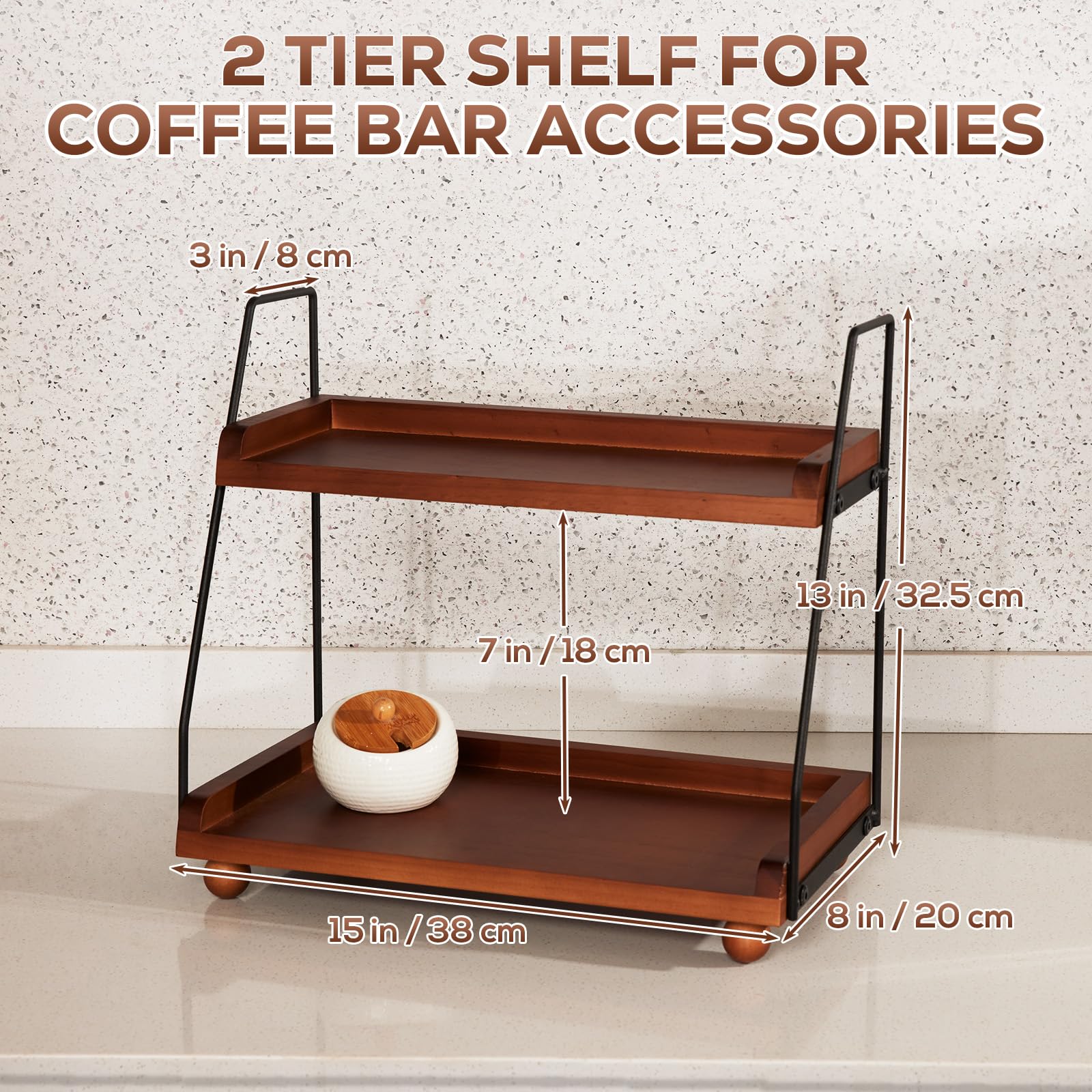 Youngcafe 2 Tier Coffee Bar Accessories and Organizer Shelf,Wooden Coffee Station Organizer for Countertop Coffee Bar Decor,Coffee Syrup Canisters Cups Rack for Bathroom,Kitchen