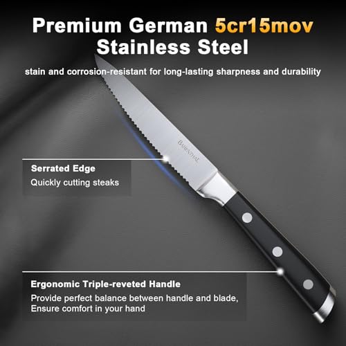 Barenthal Steak Knives, Steak Knife Set Dishwasher Safe, German Stainless Steel Serrated Steak Knife Set Service for 6, 6 Pieces Steak Knife with Gift Box