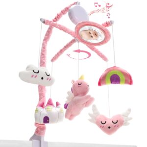 shideer crib mobile for girls, crib mobile with 36 lullabies musical box, baby mobile for crib with mirror, volume & songs control, baby mobile hanging rotating crib toys(pink castle&rainbow theme)