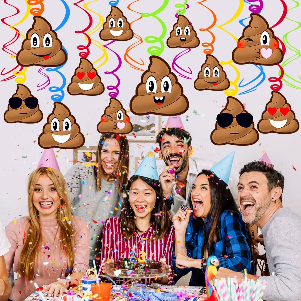 FANOST Funny Poop Emoji Party Hanging Swirls, 24 PCS Emoji Foil Hanging Banners for Adults Kids Birthday Party Decorations, Retired 50th 60th 80th Party Favors Decor Supplies