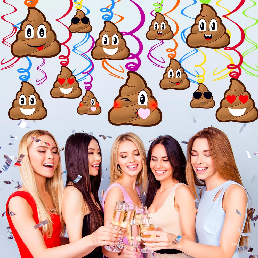 FANOST Funny Poop Emoji Party Hanging Swirls, 24 PCS Emoji Foil Hanging Banners for Adults Kids Birthday Party Decorations, Retired 50th 60th 80th Party Favors Decor Supplies