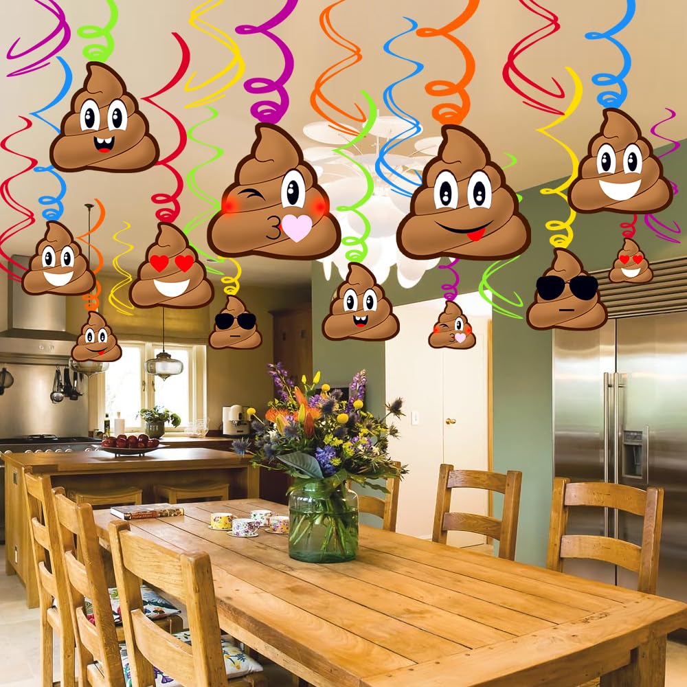 FANOST Funny Poop Emoji Party Hanging Swirls, 24 PCS Emoji Foil Hanging Banners for Adults Kids Birthday Party Decorations, Retired 50th 60th 80th Party Favors Decor Supplies