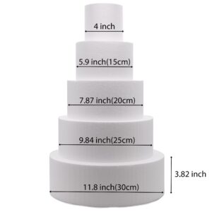 Crafare 5 Tiers Round Foam Cake Dummies Set 20 Inch Tall White Fake Cake Dummy Set 4“ 6” 8“ 10” 12“ for Wedding Supplies Baby Shower Birthday Decorating Display