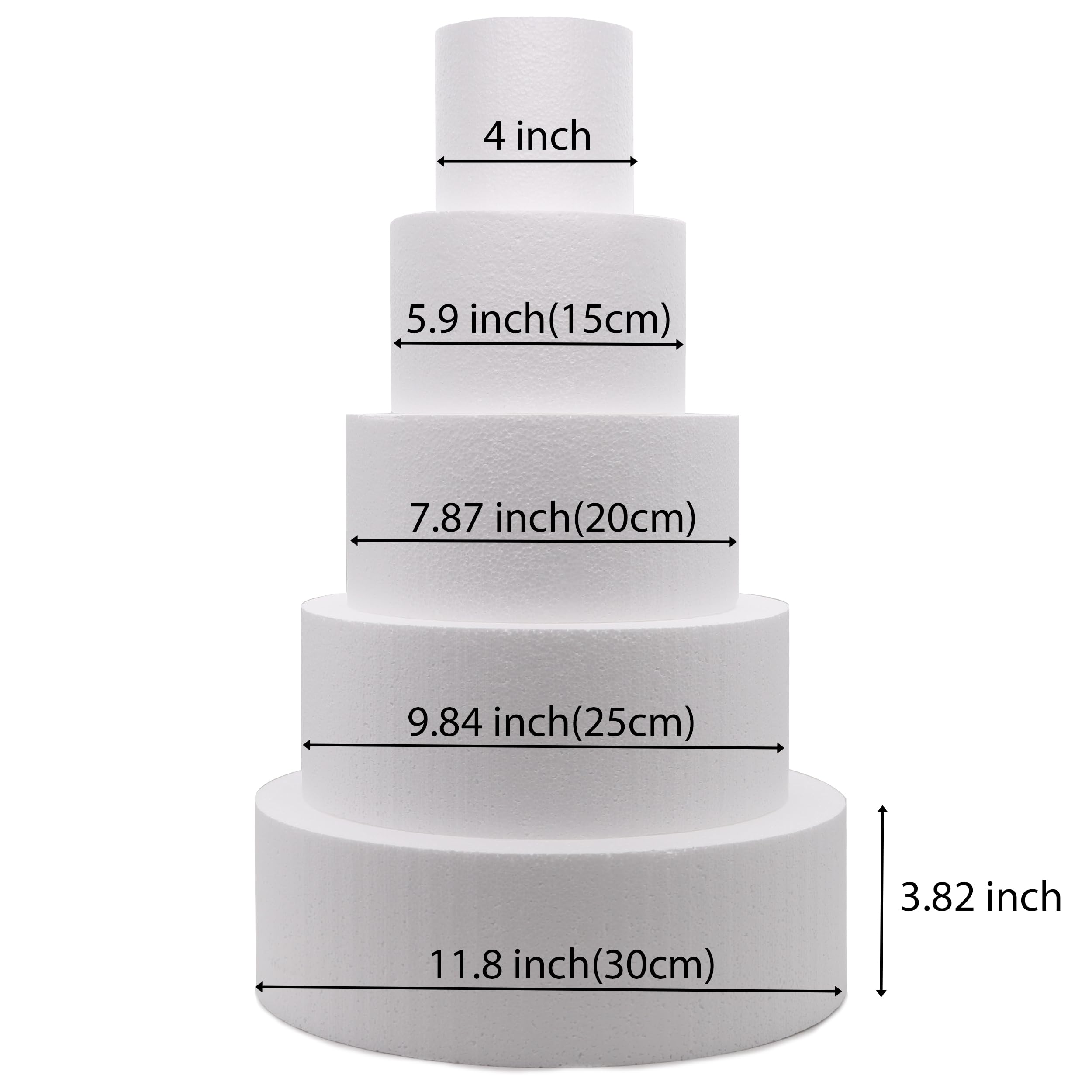 Crafare 5 Tiers Round Foam Cake Dummies Set 20 Inch Tall White Fake Cake Dummy Set 4“ 6” 8“ 10” 12“ for Wedding Supplies Baby Shower Birthday Decorating Display