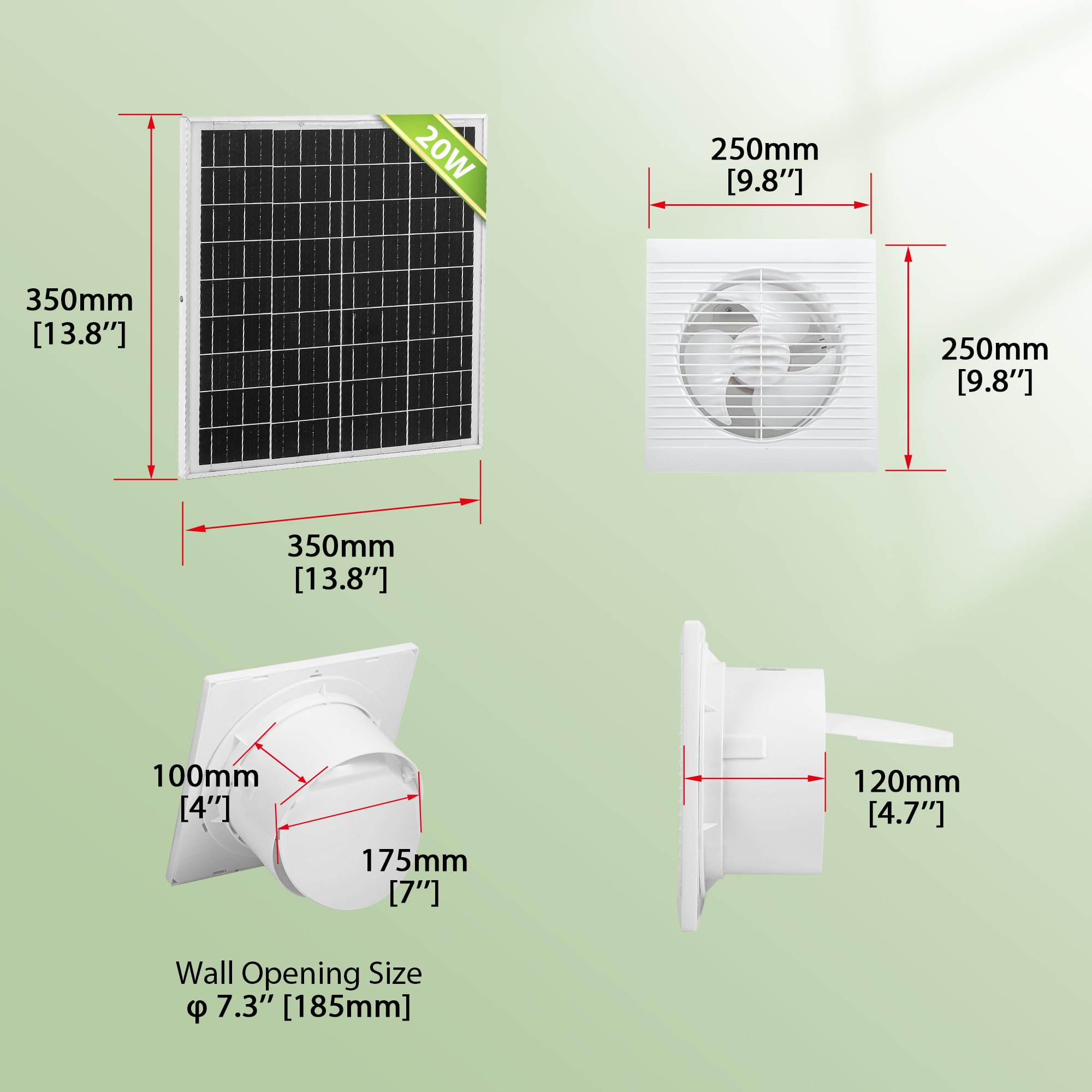 Mxmoonfree Solar Powered Exhaust Fan Kit, 20W Solar Panel + 8'' High-Airflow Shutter Exhaust Fan, Ventilation Solution for Greenhouse, Sheds, Chicken Coops, Pet Houses, RVs, Garages, Attics