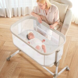 fodoss baby bassinets bedside sleeper - all mesh bedside bassinet with wheels, 7 height adjustable baby bassinet for infants, beige