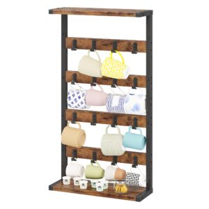 homeiju 16-hook large coffee mug holder for countertop/wall mounted,4 tier coffee cup holder with top & bottom storage shelf,adjustable hook & shelves,mug rack stand for home bar,coffee station