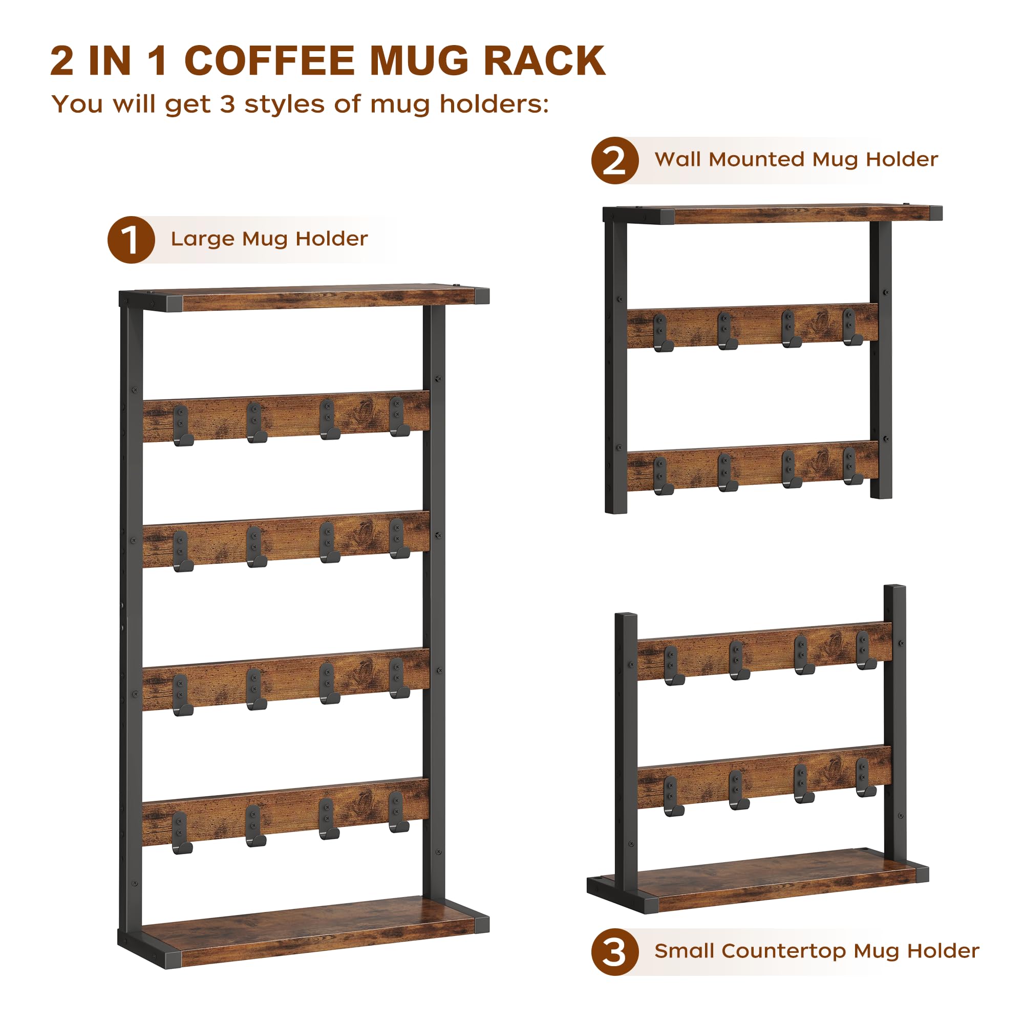 Homeiju 16-Hook Large Coffee Mug Holder for Countertop/Wall Mounted,4 Tier Coffee Cup Holder with Top & Bottom Storage Shelf,Adjustable hook & Shelves,Mug Rack Stand for Home Bar,Coffee Station