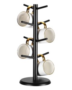 lorbro coffee mug tree with 8 hooks, mug tree stand, bamboo coffee cup holder, countertop mug tree, mug stand kitchen organizer, cafe accessories decor & kitchen organizer storage stand (black)