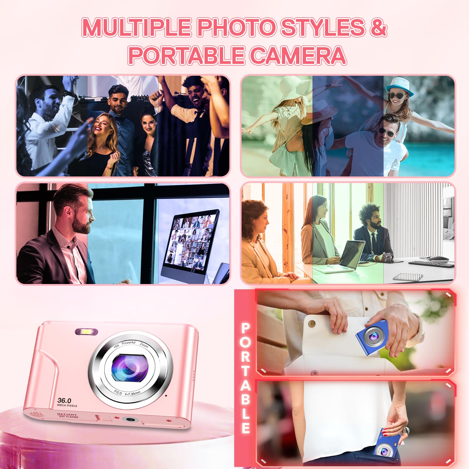 Digital Camera, Bofypoo FHD 1080P 36MP Kids Vlogging Camera with 32GB Card, 16X Zoom Point and Shoot Digital Camera, Portable Mini Camera Compact Camera for Teens,Beginners