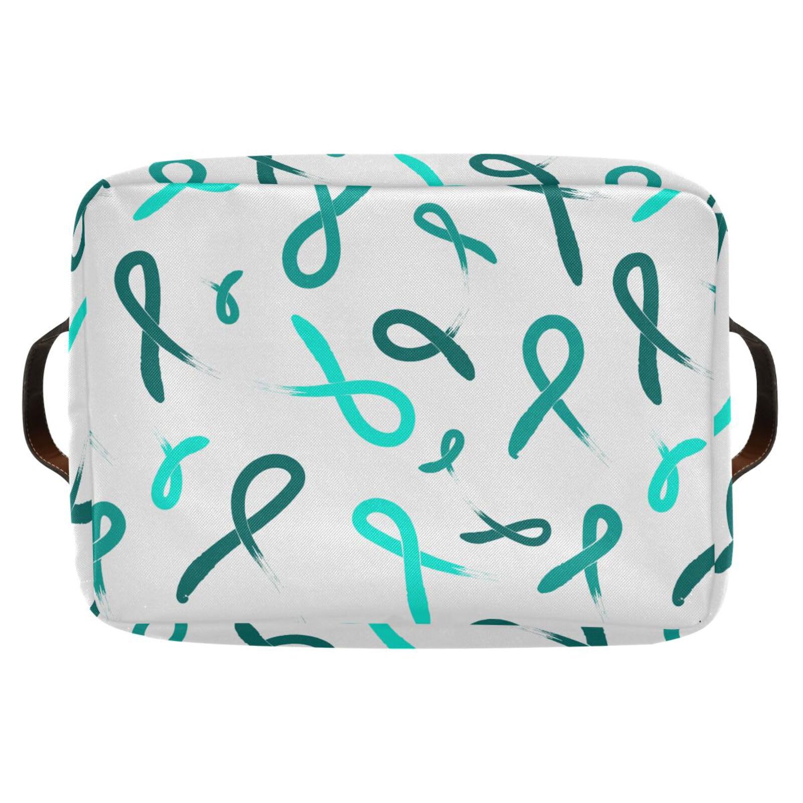 Teal Ribbon Painted Ovarian Cancer Storage Basket Foldable Large Closet Organizer Storage Containers for Office Closet Shelves, 1 Pack