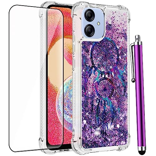 CAIYUNL for Samsung Galaxy A04E Phone Case with Screen Protector, Women Girls Glitter Bling Floating Liquid Cute Soft TPU Slim Silicone Shockproof Protective Cover for Samsung Galaxy A04E Case-Purple