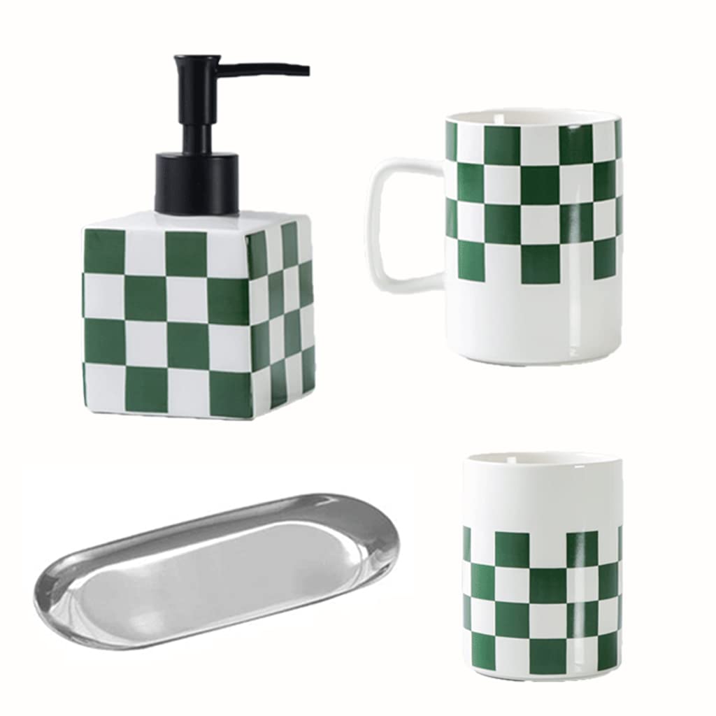 UTOYA Durable Bathroom Accessory Set,4 Pcs Checkerboard Bathroom Vanity Countertop Décor-Soap Dispenser,Toothbrush Holder,Mouthwash Cup,Tray Replacement