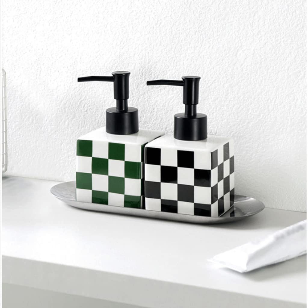 UTOYA Durable Bathroom Accessory Set,4 Pcs Checkerboard Bathroom Vanity Countertop Décor-Soap Dispenser,Toothbrush Holder,Mouthwash Cup,Tray Replacement