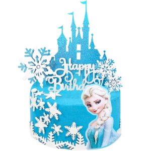 valentina buck frozen glitter cake topper set birthday party supplies decorations castle sparkling for kids, 6 counts a2- blue castle