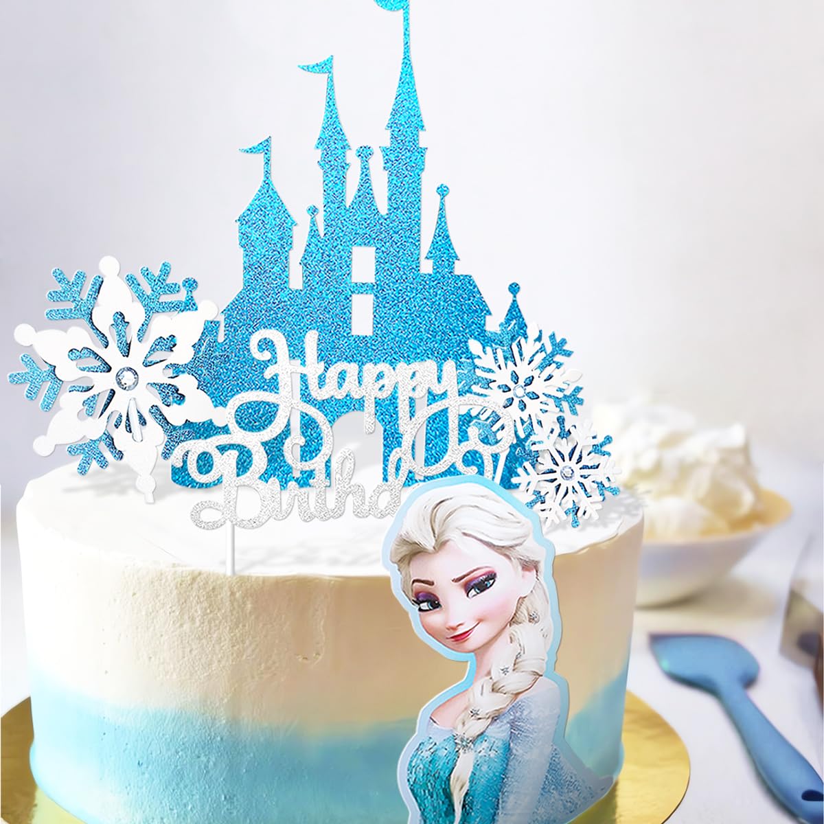 Valentina Buck Frozen Glitter Cake Topper Set Birthday Party Supplies Decorations Castle Sparkling for Kids, 6 counts A2- Blue Castle