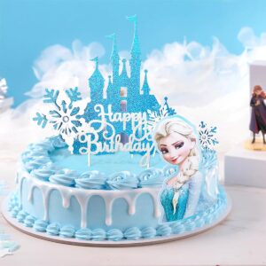 Valentina Buck Frozen Glitter Cake Topper Set Birthday Party Supplies Decorations Castle Sparkling for Kids, 6 counts A2- Blue Castle