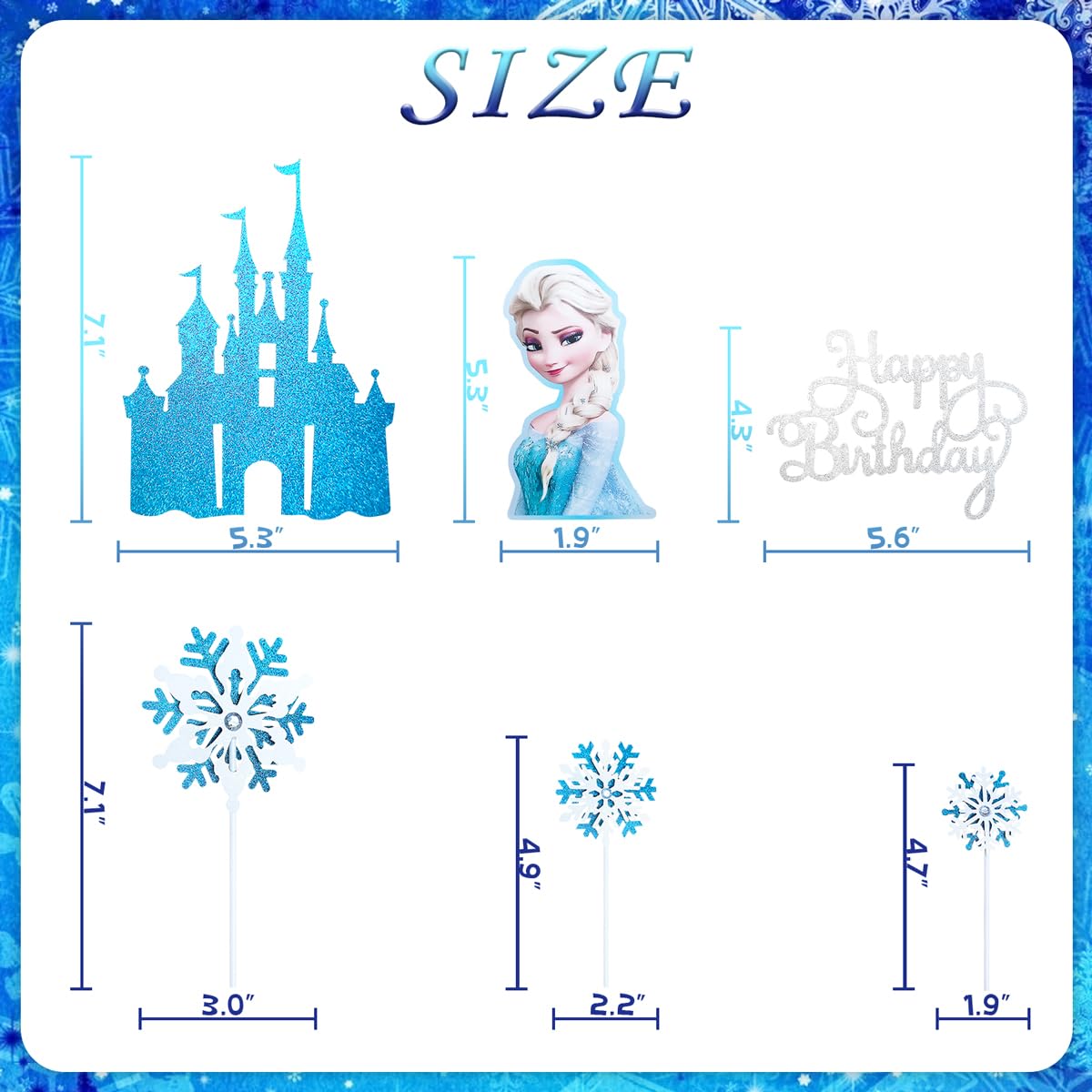 Valentina Buck Frozen Glitter Cake Topper Set Birthday Party Supplies Decorations Castle Sparkling for Kids, 6 counts A2- Blue Castle