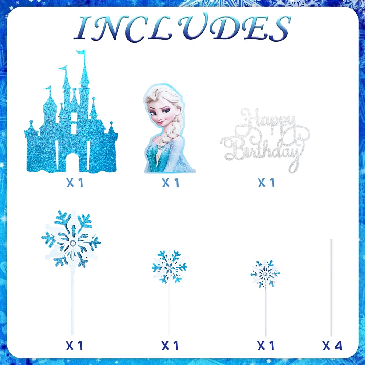 Valentina Buck Frozen Glitter Cake Topper Set Birthday Party Supplies Decorations Castle Sparkling for Kids, 6 counts A2- Blue Castle