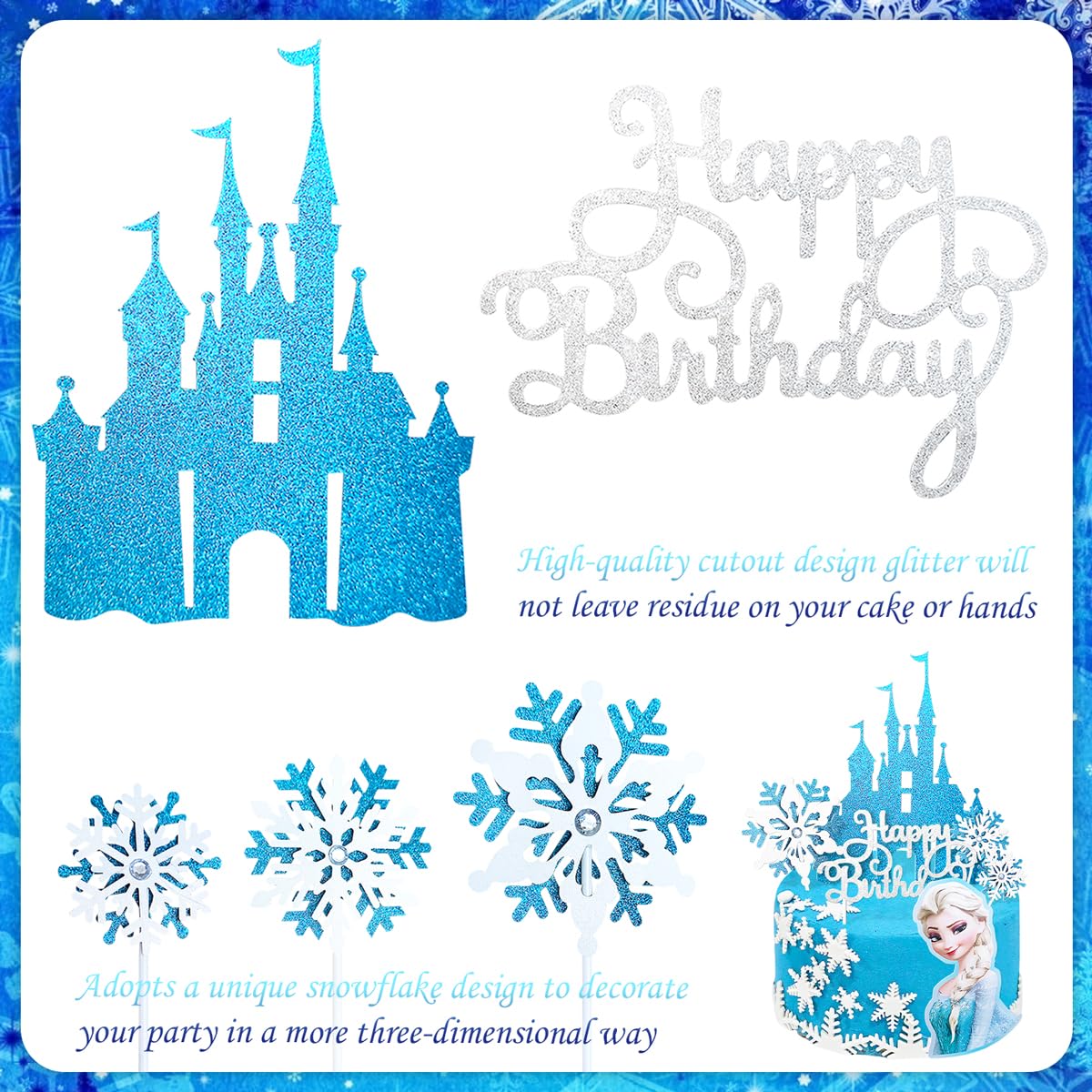 Valentina Buck Frozen Glitter Cake Topper Set Birthday Party Supplies Decorations Castle Sparkling for Kids, 6 counts A2- Blue Castle