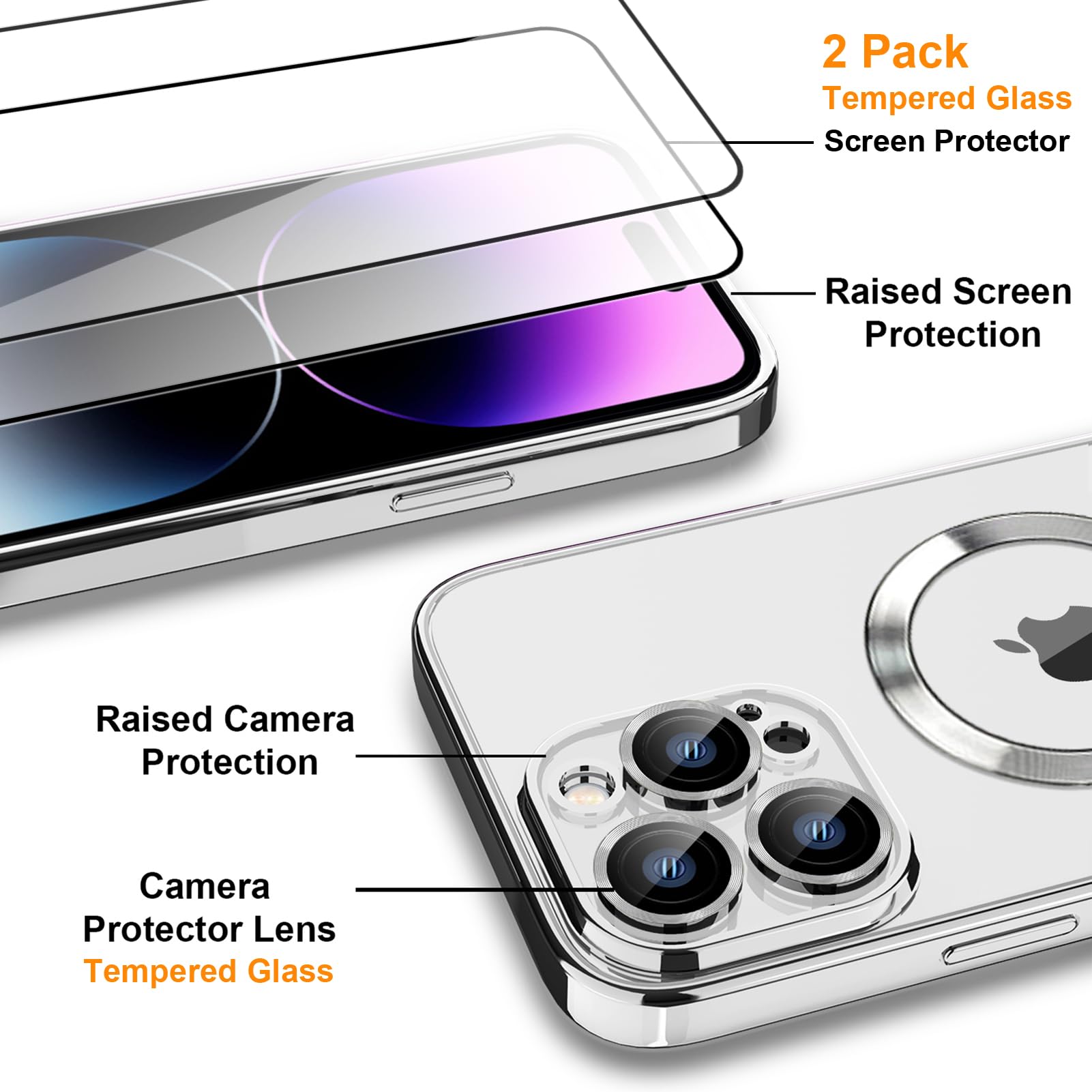 XSINOLI for iPhone 14 Pro Phone Case Magsafe, Magnetic Clear Case with Screen Protector and Camera Cover, Transparent Electroplated Case for Women/Girl/Men (Silver)