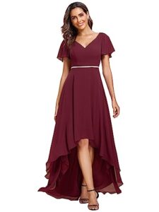 ever-pretty women's elegant v neck ruffle sleeve lotus leaf high low summer chiffon evening gown burgundy us6