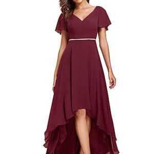 Ever-Pretty Women's Elegant V Neck Ruffle Sleeve Lotus Leaf High Low Summer Chiffon Evening Gown Burgundy US6