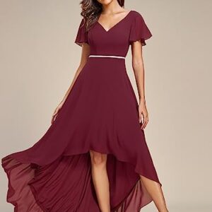 Ever-Pretty Women's Elegant V Neck Ruffle Sleeve Lotus Leaf High Low Summer Chiffon Evening Gown Burgundy US6