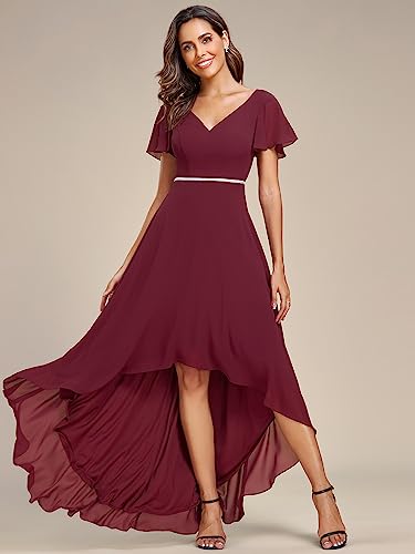 Ever-Pretty Women's Elegant V Neck Ruffle Sleeve Lotus Leaf High Low Summer Chiffon Evening Gown Burgundy US6