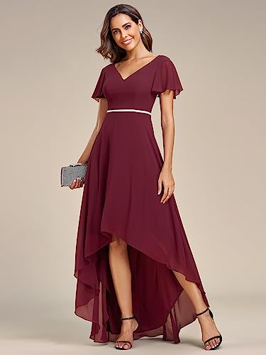 Ever-Pretty Women's Elegant V Neck Ruffle Sleeve Lotus Leaf High Low Summer Chiffon Evening Gown Burgundy US6