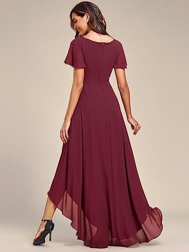 Ever-Pretty Women's Elegant V Neck Ruffle Sleeve Lotus Leaf High Low Summer Chiffon Evening Gown Burgundy US6